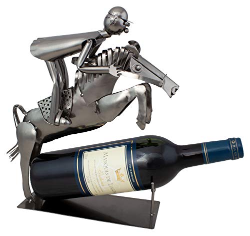 BRUBAKER Wine Bottle Holder 'Horseback Riding' - Table Top Metal Sculpture - with Greeting Card