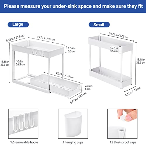3 Pack Puricon Under Sink Organizer Pull Out Under Sink Storage, 2 Tier Multi-Purpose Sliding Under the Sink Organizer Bathroom Kitchen Sink Organizer Under Cabinet Shelf for Cleaning Supplies -White