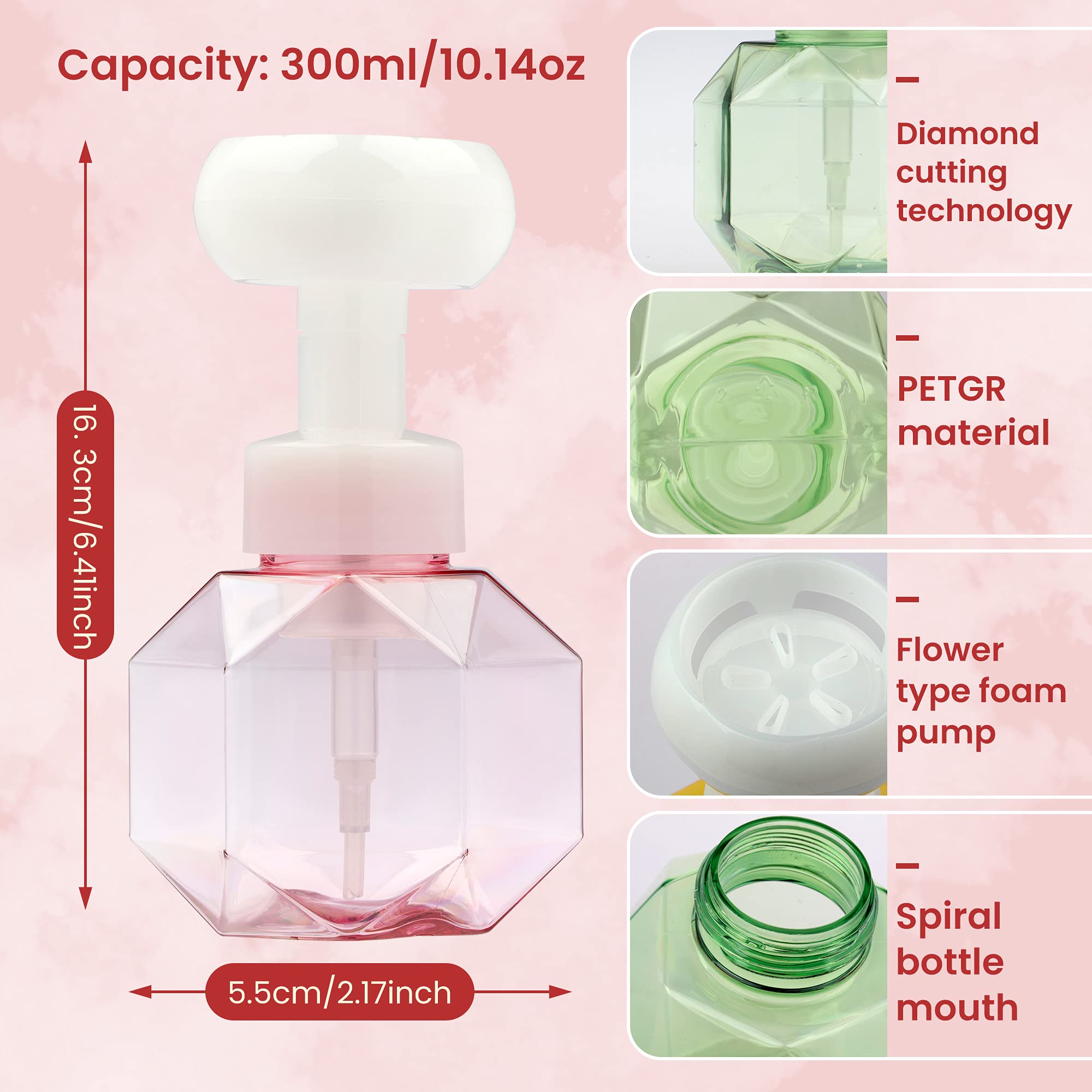 RONRONS 2 Pieces 300ml Flower Shape Foam Bottle Dispenser Empty Foaming Hand Soap Pump Bottles Plastic Refillable Cosmetic Containers Facial Cleanser Shampoo Shower Tube Packaging Holder, 10.14oz