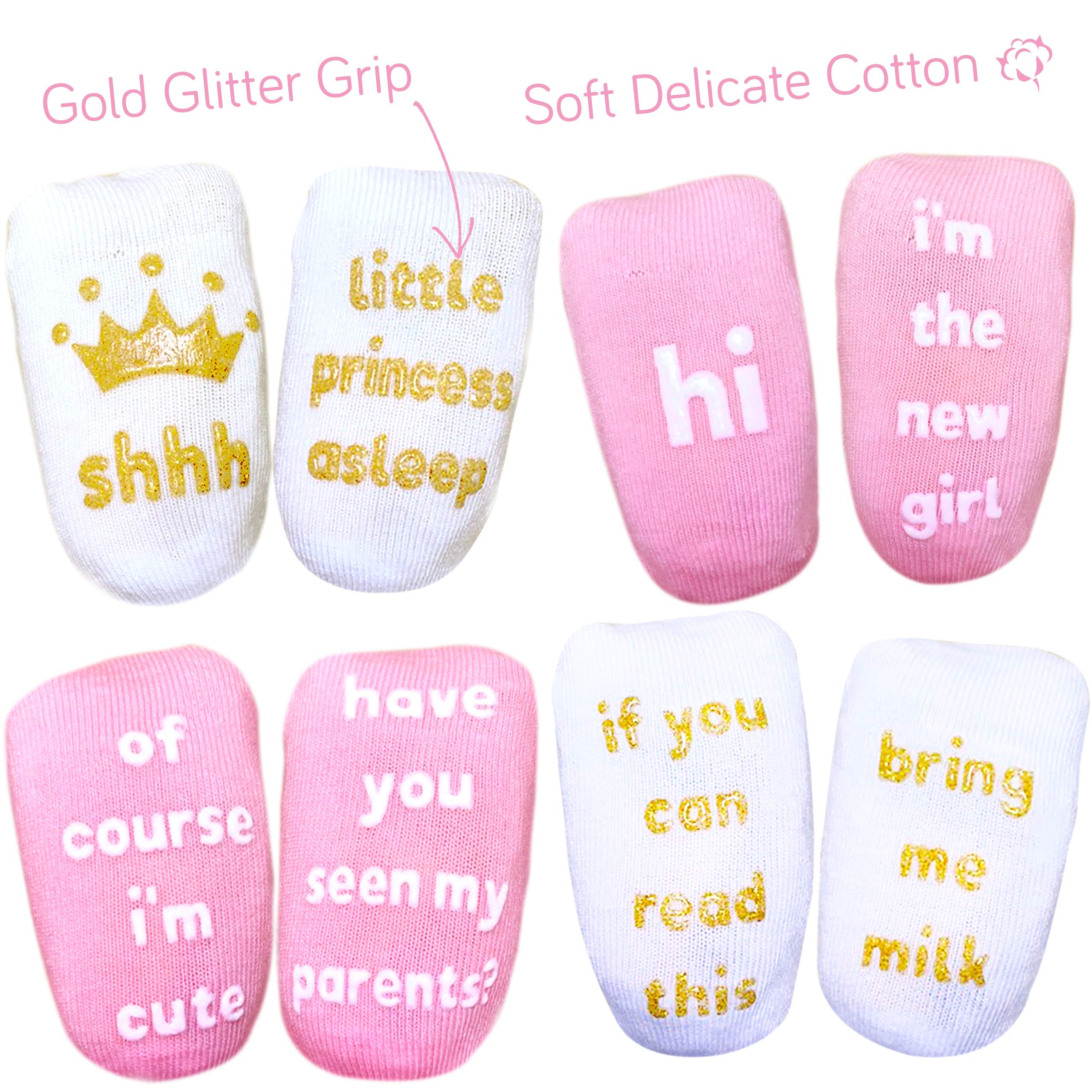 Baby Girl Socks Gift Set - Unique Baby Shower or Newborn Gift For Her - 4 Pairs of Cute Quotes in Gift Box