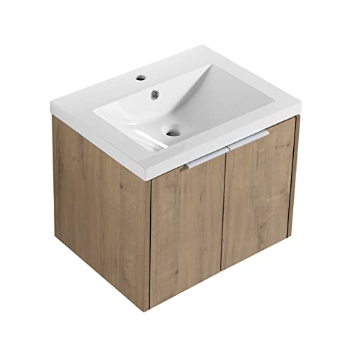 24-Inch Wall Mounted Bathroom Vanity with Sink Combo Modern Single Bathroom Vanity Set with Top Basin & Storage Cabinet Wood Hanging Bath Cabinet w/Resin Sink for Bathroom(Oak White-24'')