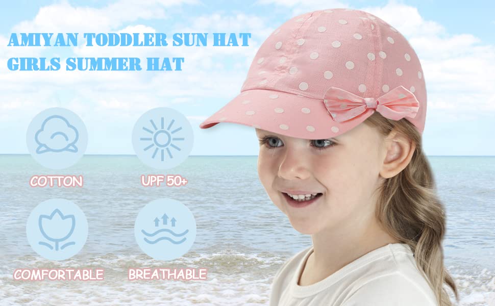 AMIYAN Toddler Sun Hat Girls Summer Cap Polka Dot Bow-tie Beach Hat Baseball Caps UPF 50+ UV Protection