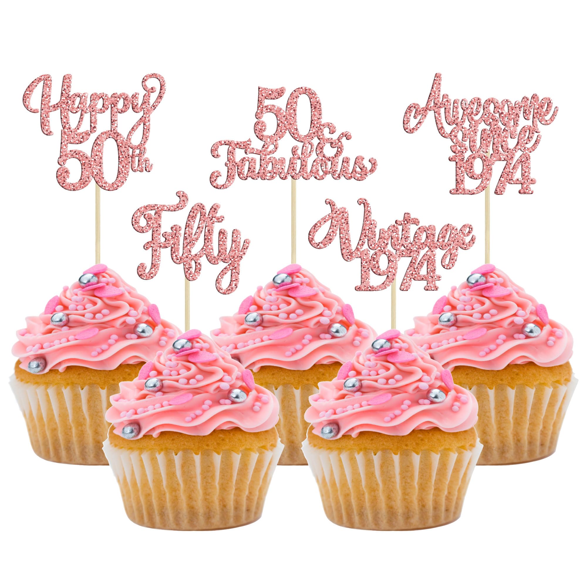 30Pcs Vintage 1974 Cupcake Toppers Glitter Fifty 50 Fabulous Happy 50th Birthday Cupcake Picks Cheers to 50 Years for 50th Birthday Anniversary Party Cake Decorations Supplies Rose Gold