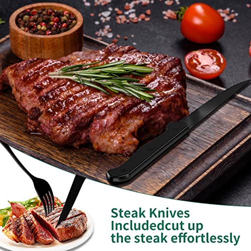 49piece Black Silverware Set with Organizer, Stainless Steel Flatware Set for 8 with Drawer Tray, Kitchen Tableware Service Cutlery Matte Steak Knives Fork Spoon for Home Restaurant, Dishwasher Safe