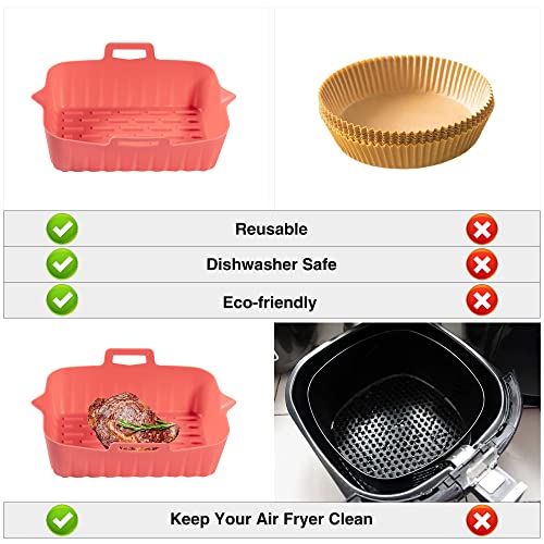 2Pcs Air Fryer Silicone Liners, Reusable Air Fryer Rectangular Pot, Fit for 8QT Air Fryer, Easy Cleaning (Red+Gray)