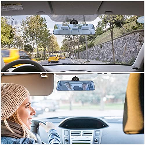 12'' Large Anti Glare Rear View Mirror with Suction Cup, Stick on Universal Frameless Inside Rearview Blue Mirror with Panoramic Wide Angle Mounted on Windshield for Car Marine Auto Boat Truck SUV Van
