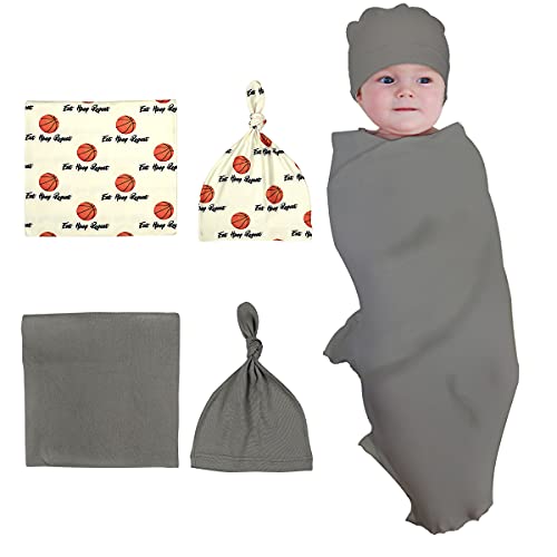 Sport Baby Swaddle Blanket - 2 Pack Swaddling Receiving Blanket with Headband - Baby Shower Newborn Gift (Basketball)