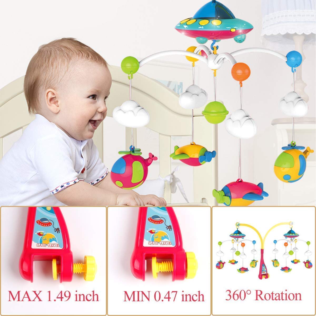 Baby Musical Crib Mobile with Light and 108 Melodies Music Box,Star Projector Function, Remote Control and Hanging Airplane Rattles Rotating,Gift Toy for Newborn