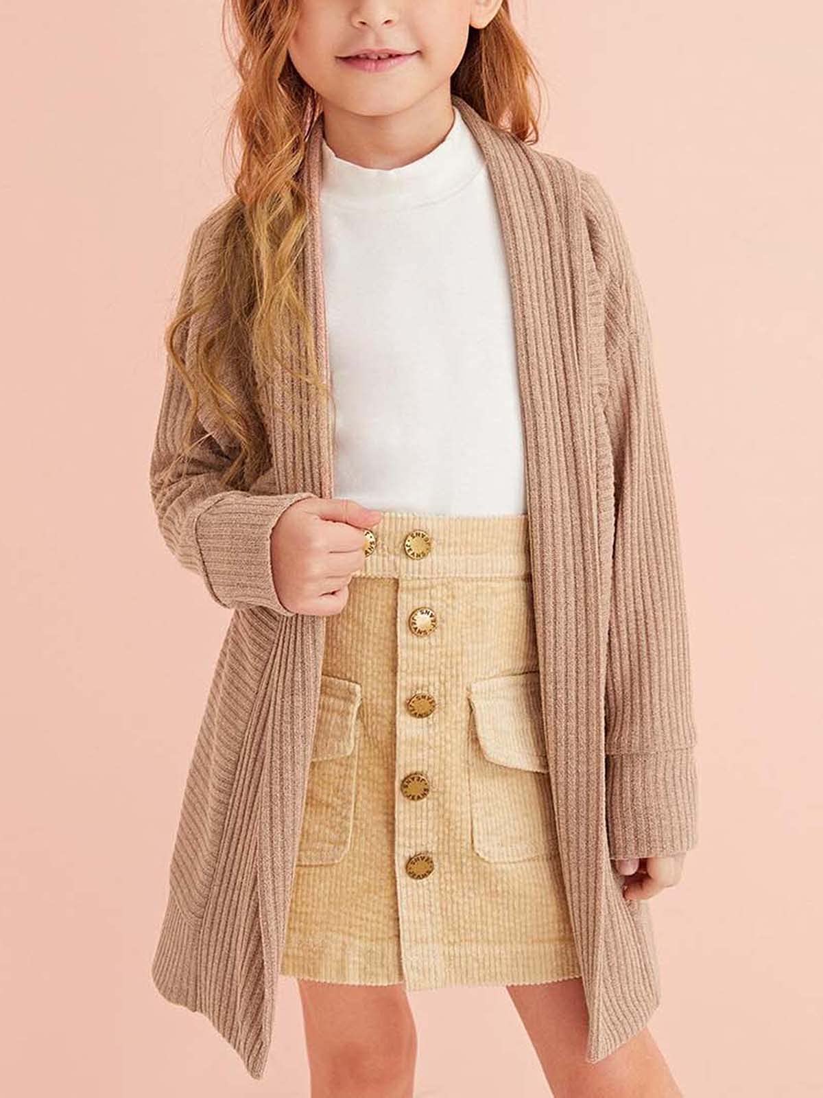 Cutoluca Toddler Baby Girl Knitted Sweater Long Sleeve Cardigan Open Front Coats Fall Winter Kids Solid Long Jacket (Khaki, 6-7 Years)