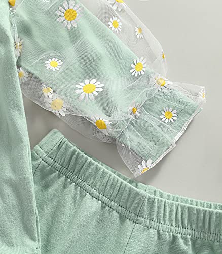 Baby Girls Bell Bottoms 3Pcs Daisy Outfits Mesh Patchwork Playsuit Flared Pants Headband (Green, 6-12 Months)