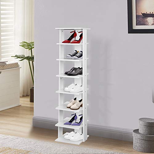 MorNon 7-Tier Shoe Rack,Shoe Storage Tower Modern White Wooden Shoe Shelves for Bedroom Living Room Saving Space (White)