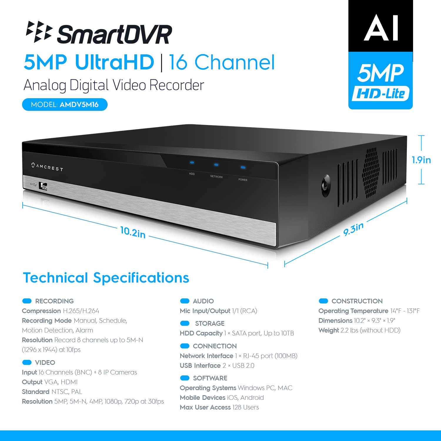 Amcrest 5MP UltraHD 16 Channel DVR Security Camera System Recorder, 5MP Security DVR for Analog Security Cameras, Remote Smartphone Access, HDD & Cameras NOT Included (AMDV5M16)