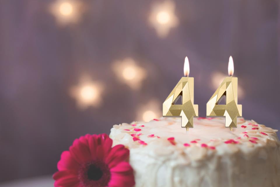 2 inch Gold 44 Birthday Candles, 3D Diamond Number 44th Cake Topper for Boys Girls Birthday Party Decorations Theme Party