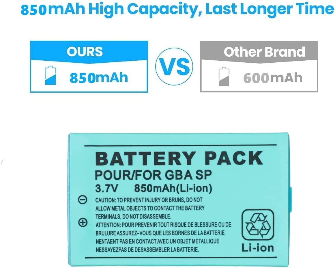 2 Pack 850 mAh Rechargeable Lithium-ion Battery , Gameboy Advance SP Battery Pack,Tool Pack With Screwdriver For Nintendo GBA SP