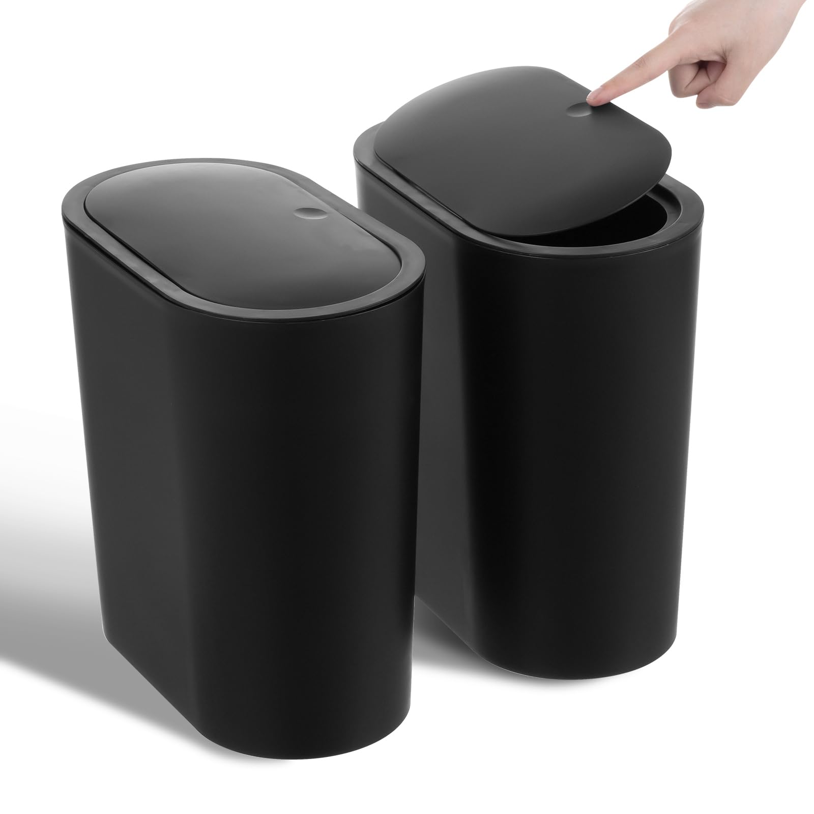 2 Pack Bathroom Trash Can with Lid, 4 Gallon/15L Narrow Garbage Can with Press Top Lid, Covered Trash Bin, Plastic Trashcan Slim Waste Basket for Kitchen, Bedroom, Office, Craft Room, Laundry, Black