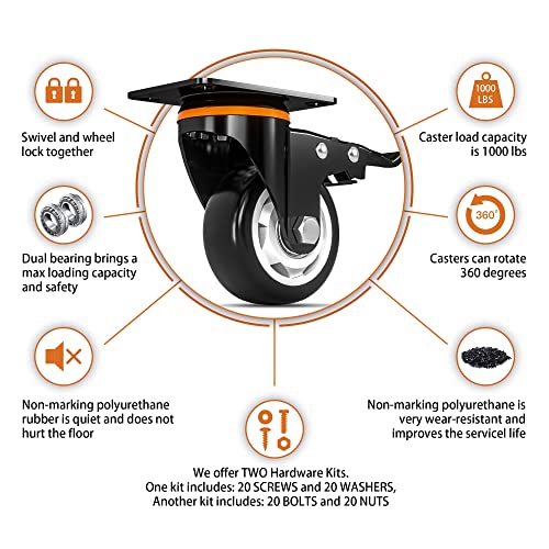 3 Inch Caster Wheels, Heavy Duty 3β Casters Set of 4 with Brake, TONSUM No Noise Polyurethane (PU) Wheels and Safety Dual Locking casters, Swivel Plate Castors (Two Hardware Kits)