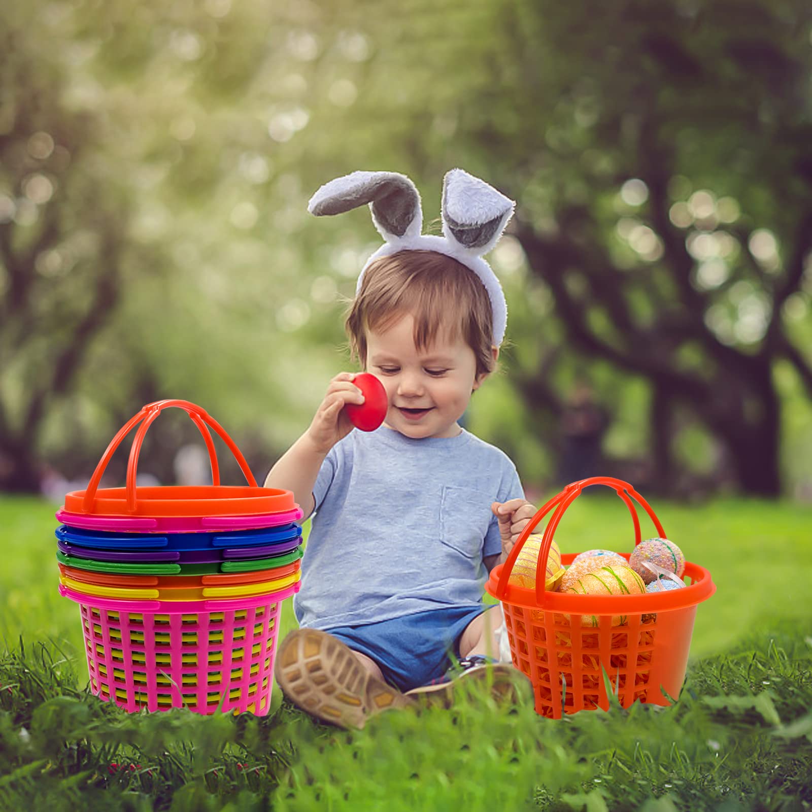 18 + 18 Pack Easter Plastic Baskets for Kids with 180g Paper Shred Easter Grass, Round Gift Basket Bulk for Easter Party Egg Hunts, Theme Party Favors Decorations