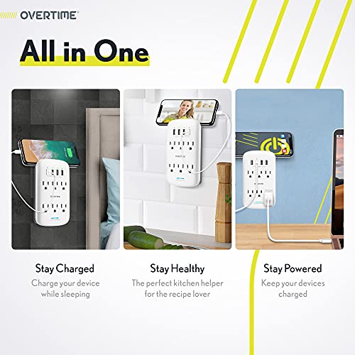 6 Outlet Extending Surge Protector, Multi Outlet Extender Wall Adapter with 4 USB Fast Charging Ports, 6 AC Outlets, Phone Mount, 1200J Surge Protection, ETL Certified (2-Pack, White)