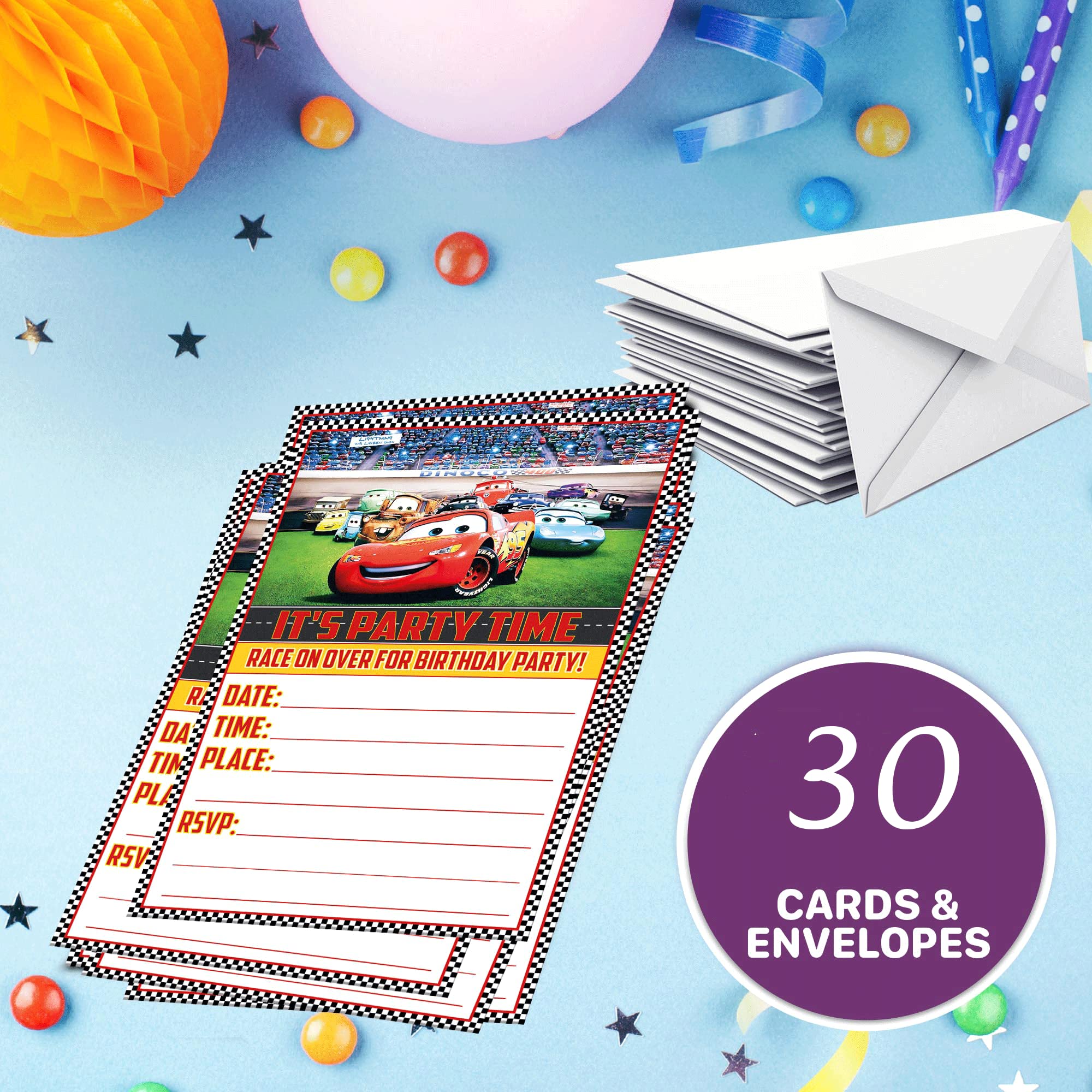 30x Cars Birthday Invitations and Envelopes β Fill-in Happy Birthday Party Invitations for Kids, 6X4 Inches, Postcard Style