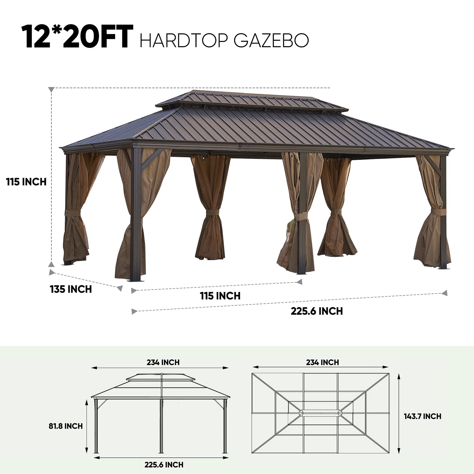 12’x 20’ Heavy Sunshade Large Metal Patio Gazebo Canopy, Permanent Gazebo with Galvanized Steel Double Roof,with Curtains and Netting for Patio, Backyard and Lawn (Wood Grain Coated)