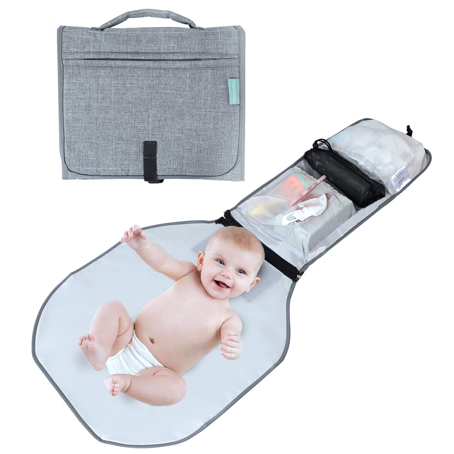 Baby Portable Changing Pad, VHOPMORE Detachable Waterproof Changing Mat with Head Cushion and Pockets, Baby Travel Diaper Bag Changing Station Kit Baby Shower Gift for Newborn Boy & Girl