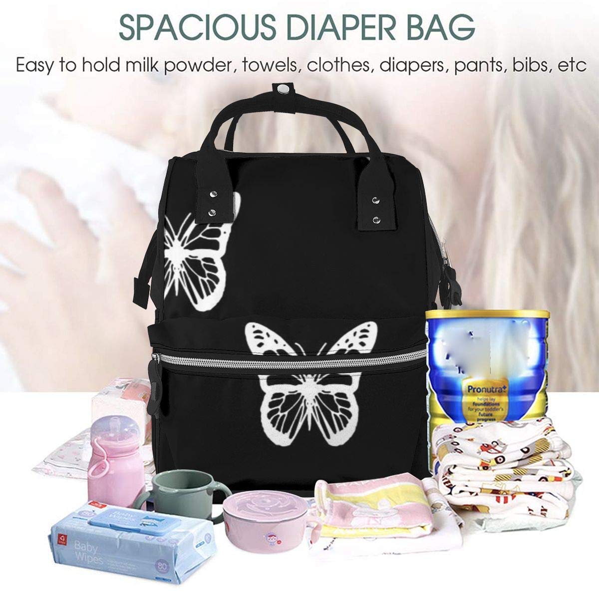 Black and White Butterflies Diaper Bag Backpack Multi Function Nappy Bag Large Capacity Mommy Backpack Organizer for Baby Care Baby Bag for Mom and Dad