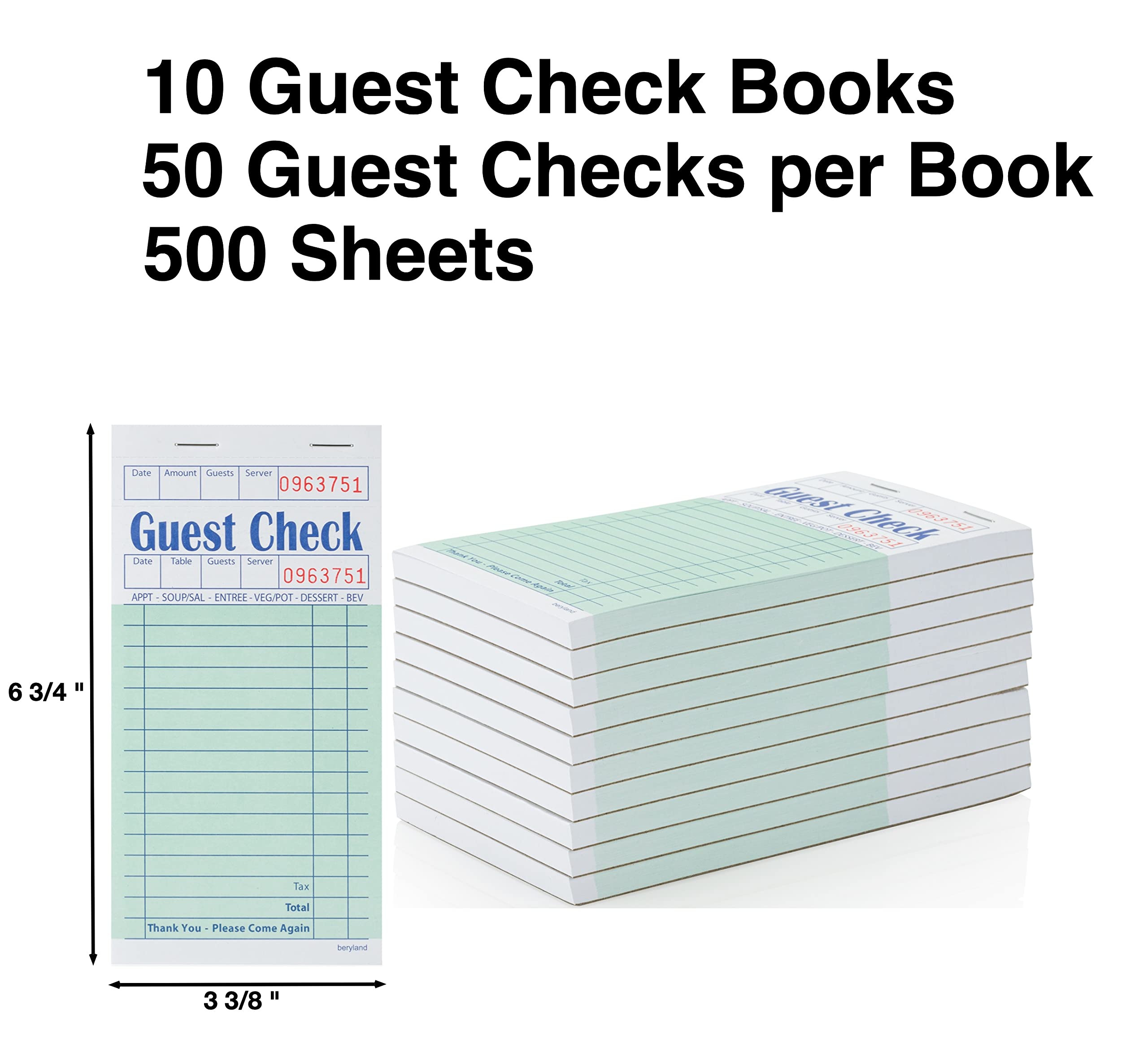 BERYLAND Server Note Pads - Guest Checks - Waitress Notepad, Double Sided, Pack of 10 Pads of 50 Sheets