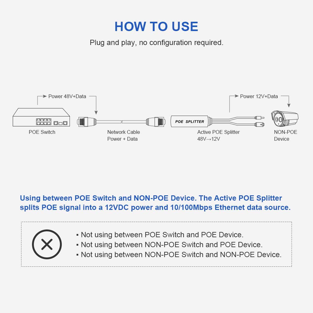 10Gtek POE Splitter Cable 100Mb/s 155Mb/s, 802.3AT/AF, 48V to 12V (PSE chip Inside), 100 Meters Link (2-Pack)