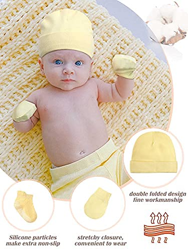 Baby Hats Mittens and Socks Set Unisex Cotton Beanie Cap and Scratch Mitten Non-Slip Baby Ankle Socks for Boys and Girls (White, Black, Grey, Light Blue, Navy Blue, Beige,6 Sets)