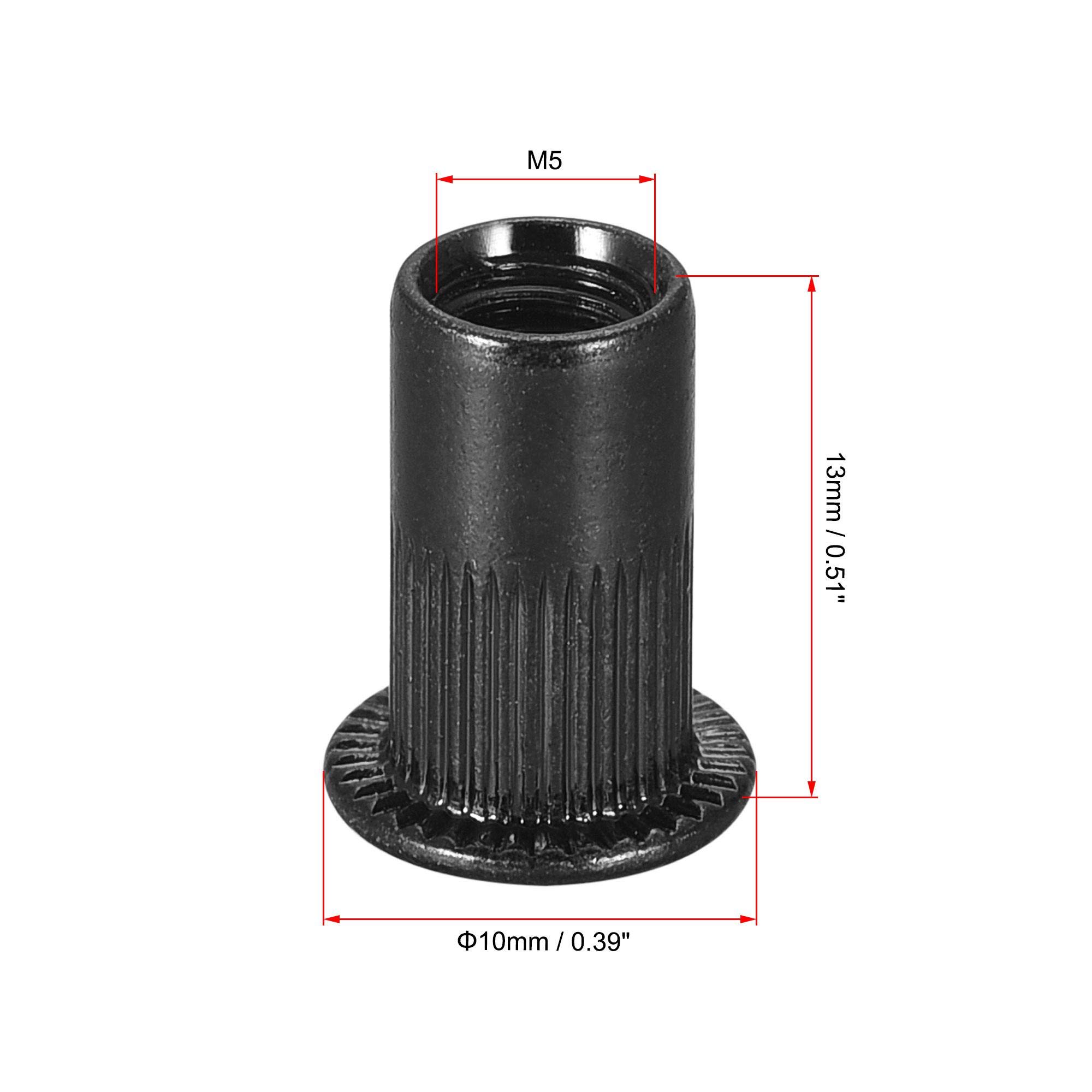 uxcell M5 Rivet Nuts Carbon Steel Zinc-Plated Knurled Flat Head Threaded Insert Nut Black 50Pcs