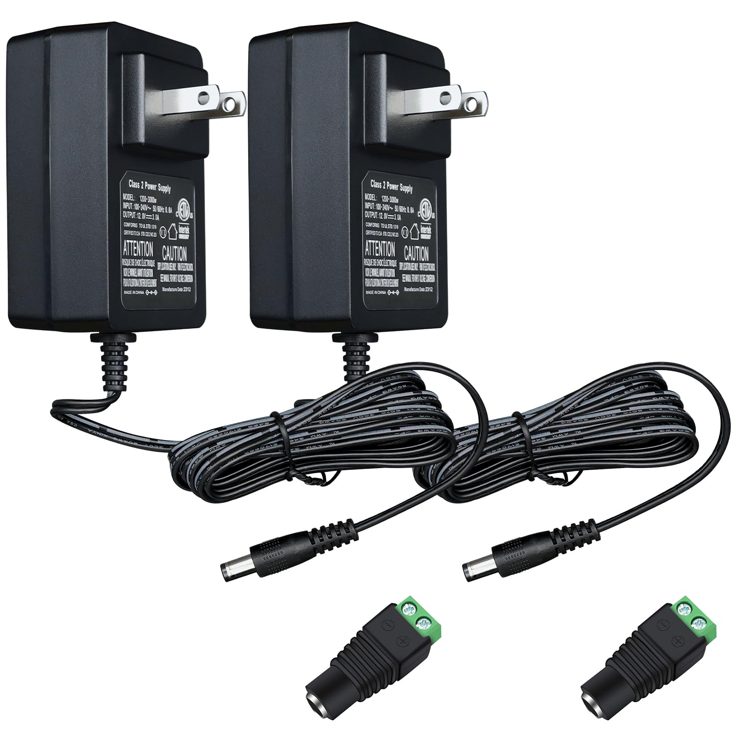 2 Pack 12Vdc 3A/3000mA 6ft Power Supply Adapter, 100-240V 50/60Hz AC to DC 36W Wall Charger with Barrel Connector for LED Strip Light, CCTV Camera, Router, DVR, NVR and More, ETL FCC (6Ft Cord, 20AWG)