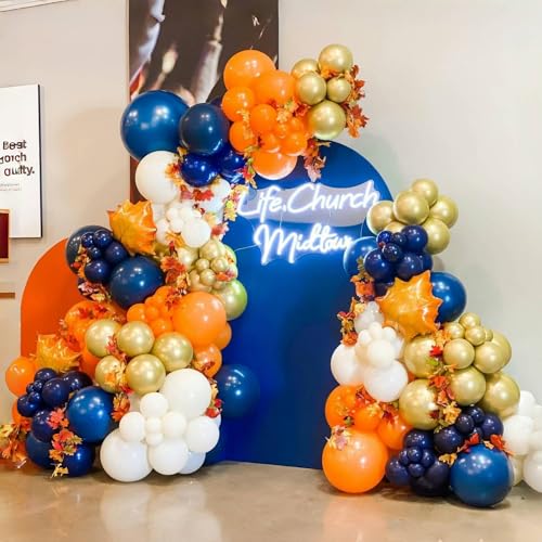 149PCS Fall Balloons Arch Garland Kit, Navy Blue Orange Metallic Gold Ivory White Latex Balloons Maple Leaf Foil Balloons for Thanksgiving Autumn Friendsgiving Birthday Baby Shower Party Decorations