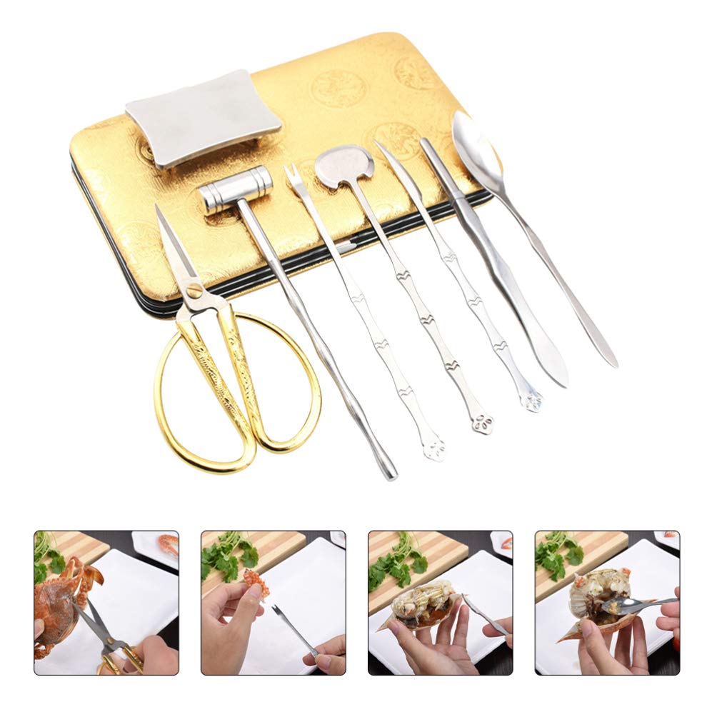 Cabilock 8pcs Seafood Tools Set Lobster Crackers and Picks Stainless Steel Seafood Forks Crab Leg Cracker Shrimp Tools Silver
