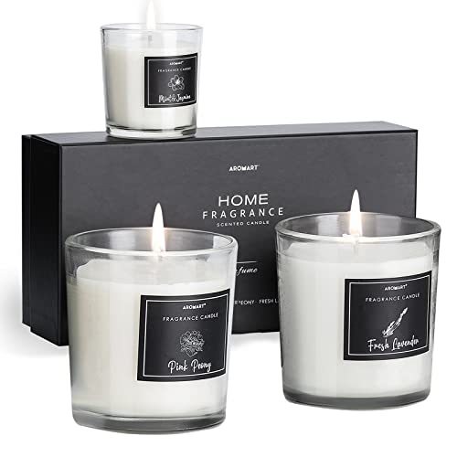 AROMART Scented Candle Set 3 Pack Long Lasting Natural Soy Candles for Home Scented with 8% Essential Oil for Stress Relief Peony, Jasmine, Lavender Candle Aromatherapy Gifts for Women (4.5Oz Each)