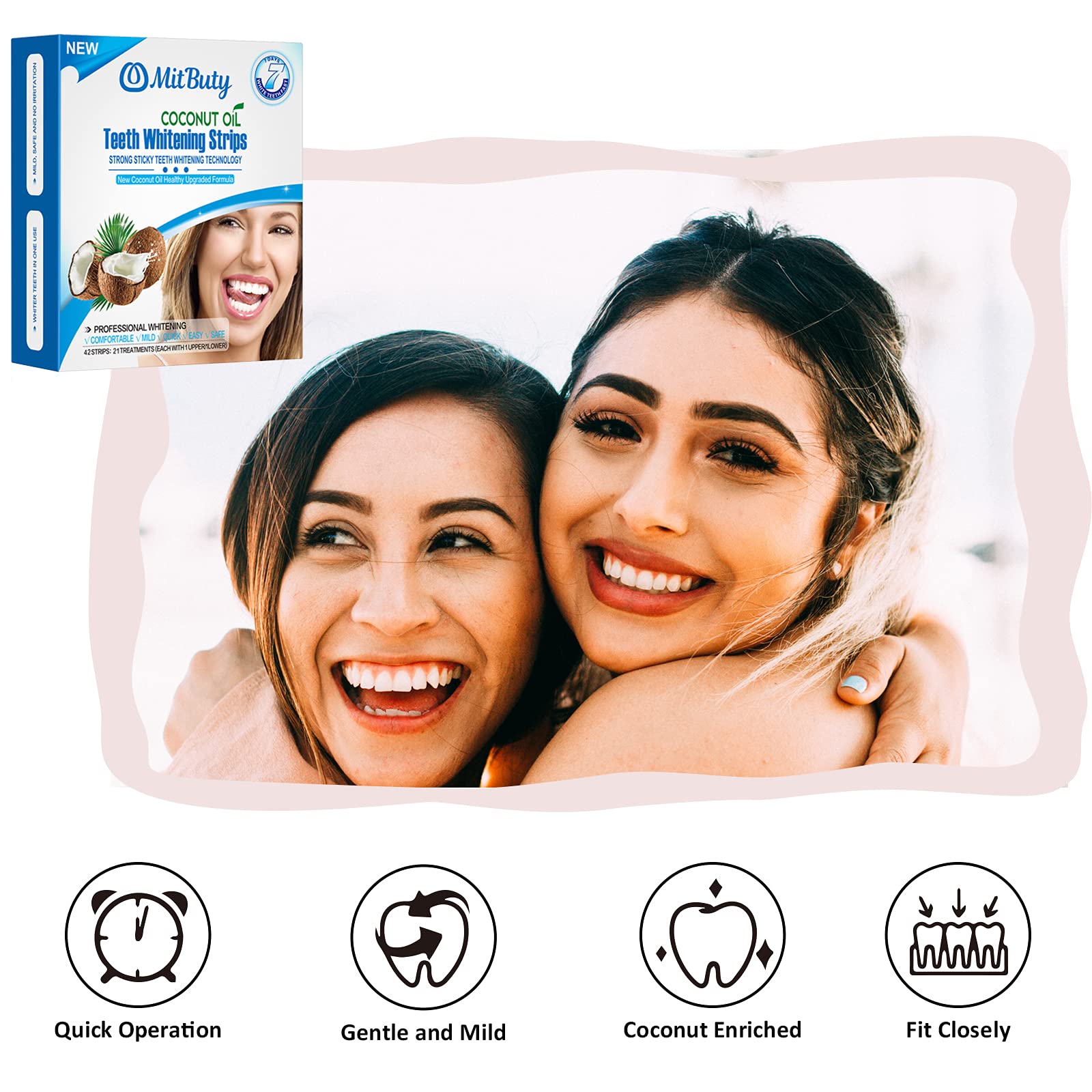 MitButy Teeth Whitening Strips with Natural Coconut Oil, 42 Non-Slip White Strips - Professional Safe Effects Tooth Whitener Solution at Home, 21 Treatments