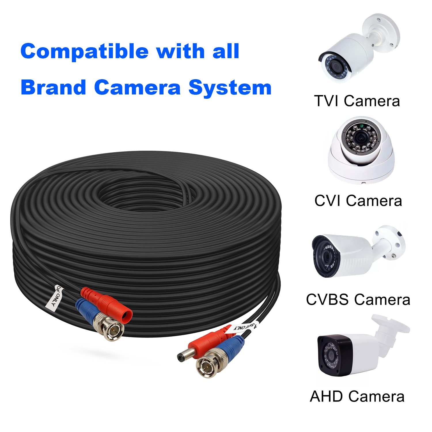 BNC Cable 200ft 4 Pack Aimyzii BNC Video Power Cable,Security Camera Cable for CCTV Camera DVR Security Systems(Included 8X BNC Adapters,100 Pcs Cable Clips)-Black