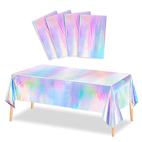 4 Pack Iridescence Plastic Tablecloths Shiny Disposable Laser Table Covers 54" x 108" Sequin Holographic Foil Tablecloths for Birthday, Wedding, Party, Picnic, Buffet, Christmas Decorations