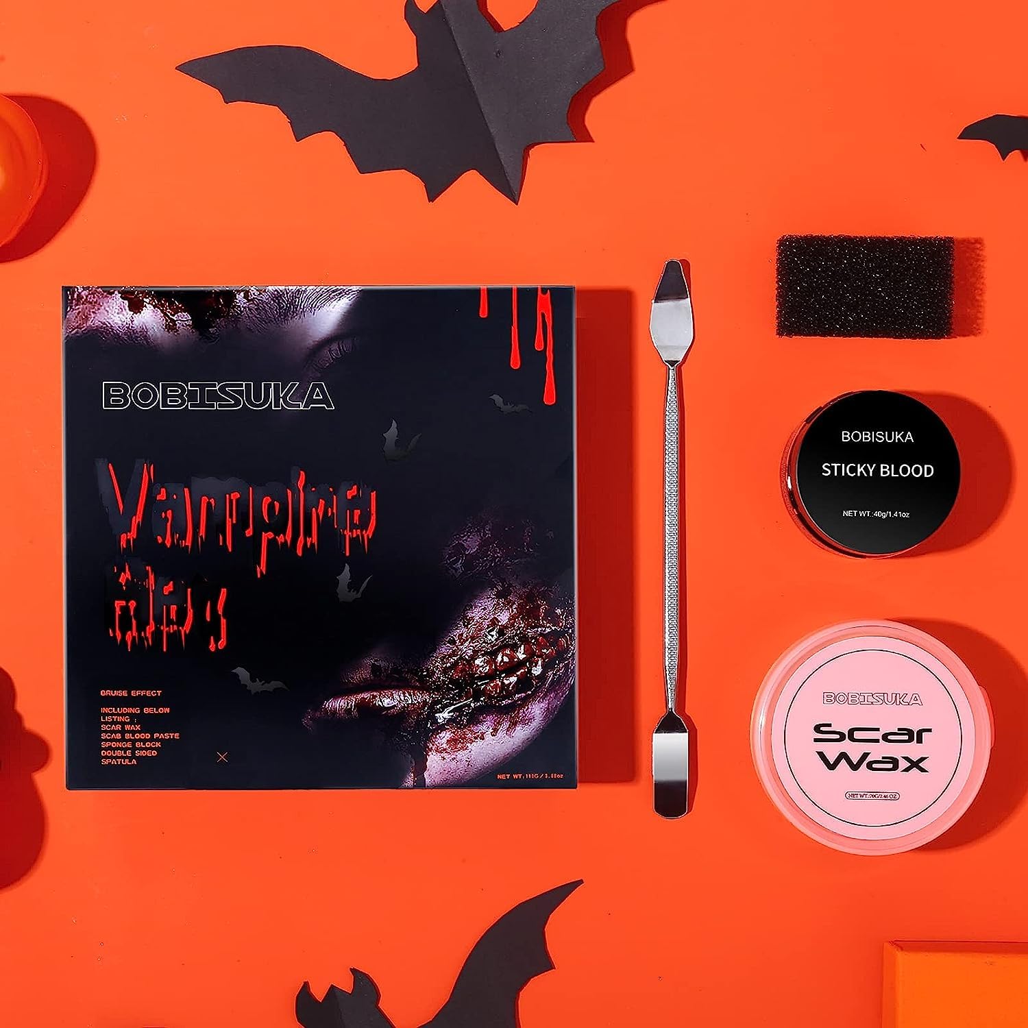 BOBISUKA 4 Piece Halloween SFX Special Effects Makeup Kit - Modeling Scar Wax + Coagulated Blood with Spatula Tool and Black Stipple Sponge All in One (VAMPIRE SET)