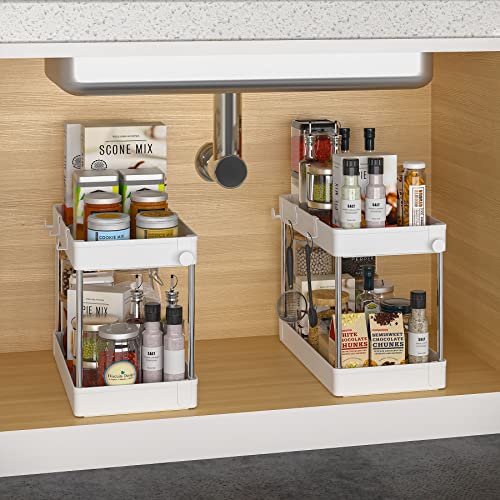 2 Pack Under Sink Organizer,2 Tier Under Sink Organizers And Storage For Kitchen Bathroom,Under Sink Cabinet Organizer,Multi-purpose Stable And Sturdy Cabinet Countertop Organizer,White