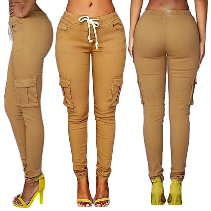 Andongnywell Womens Casual Stretch Drawstring Skinny Pants Cargo Jogger Pants High Waist Tie Butt Lift Pant with Pockets (White,X-Large)