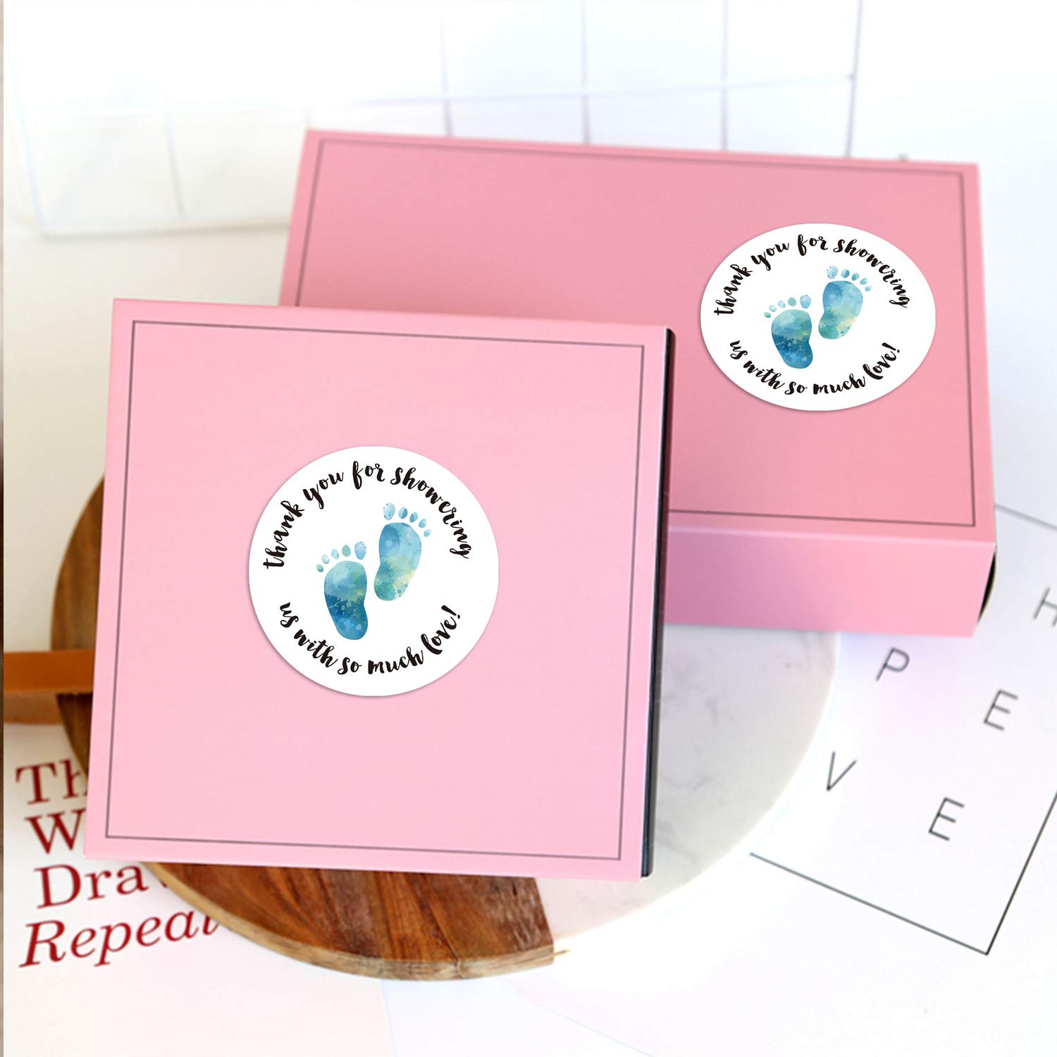 Baby Shower Stickers, Thank You for Showering Us with So Much Love - Pink Foot Stickers, Total 500 Labels Per Roll.
