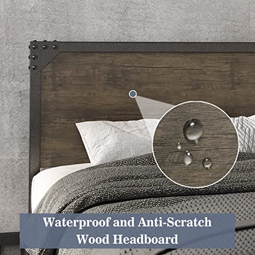 Allewie Queen Size Bed Frame with Wood Headboard, Metal Platform Frame with Strong Slats and Rivet Decoration, Easy Assembly, No Box Spring Needed, Noise Free, Brown