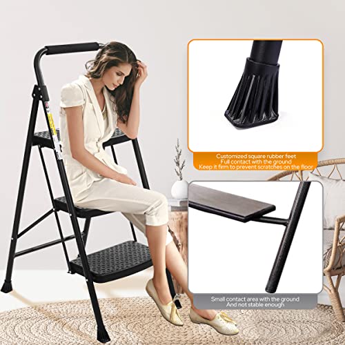 3 Step Ladder, Folding Step Stool with Wide Anti-Slip Pedal, Lightweight 500lbs Step Ladder 3 Step Folding, 3 Step Ladder Folding Step Stool for Adults, Portable Kitchen Step Stool Black