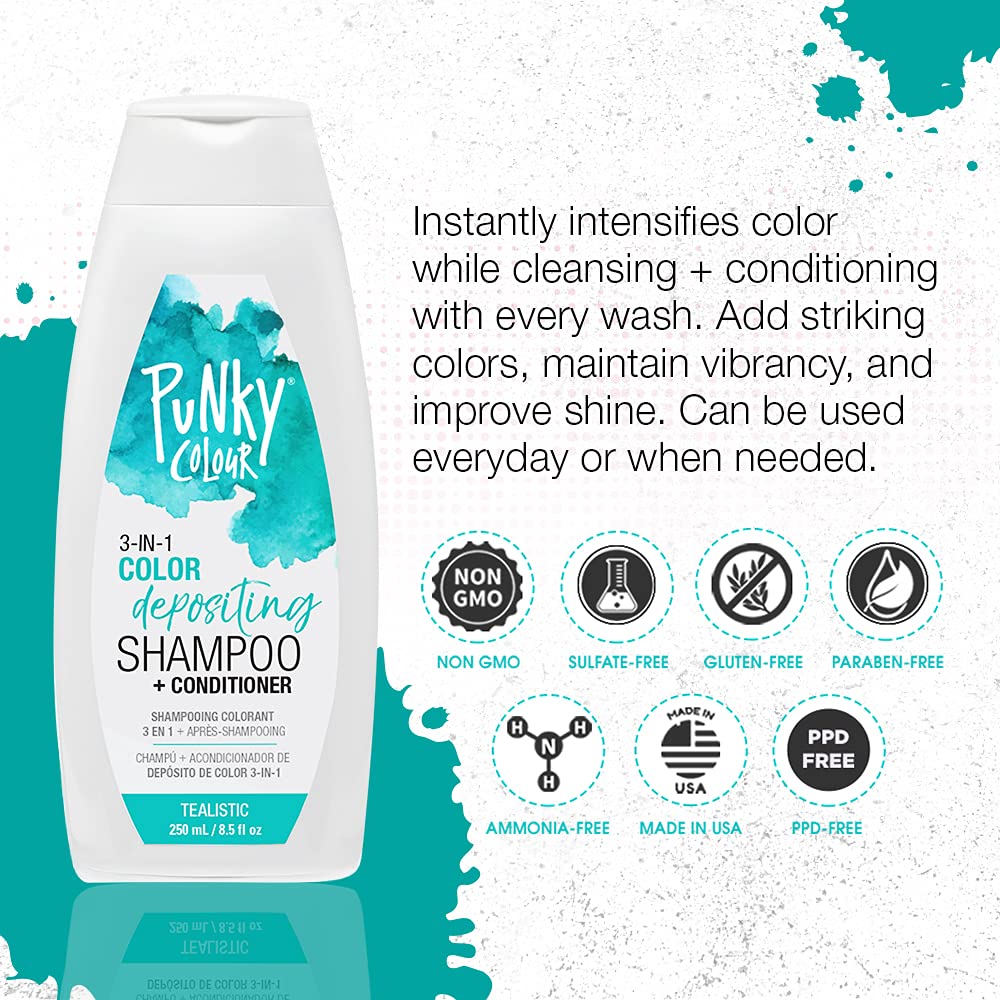 Punky Tealistic 3-in-1 Color Depositing Shampoo & Conditioner with Shea Butter and Pro Vitamin B that helps Nourish and Strengthen Hair, 8.5 oz