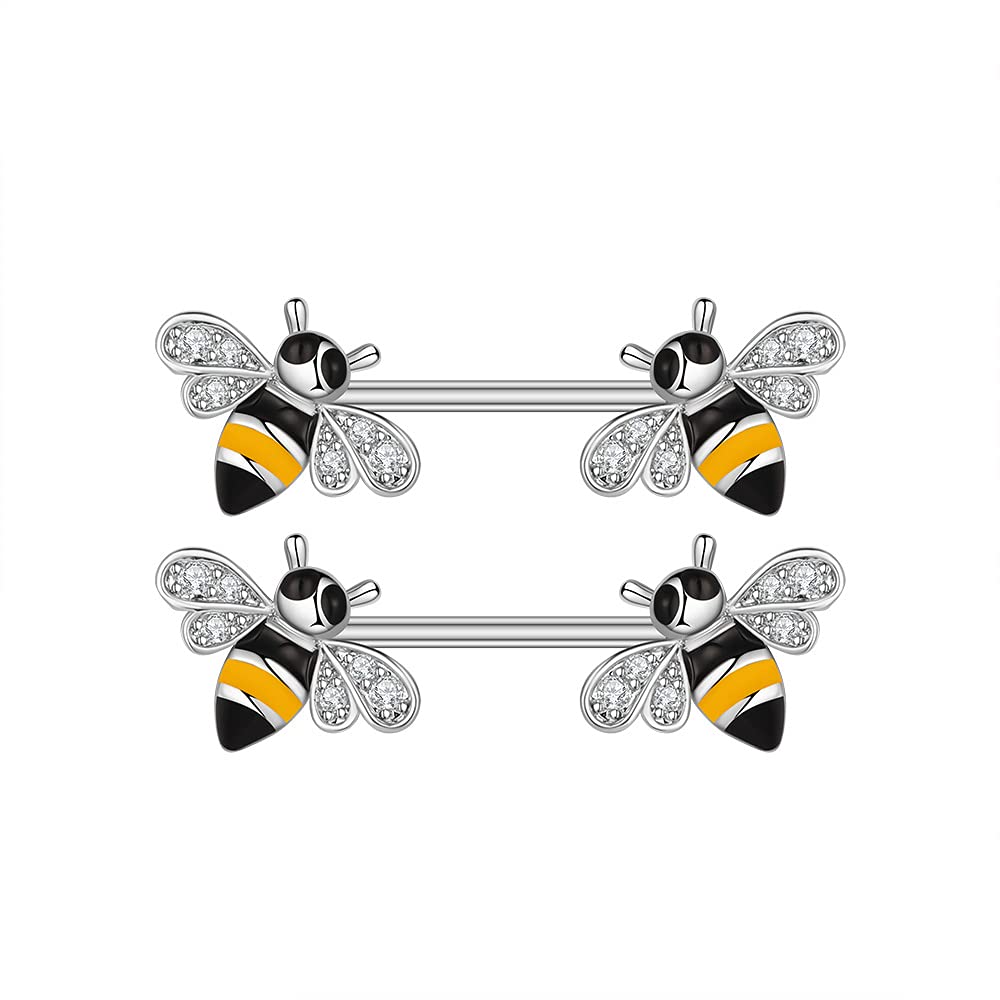 14G Cute Bee Stainless Steel Nipple Tongue Rings for Women Girls Crystal Cubic Zirconia Honeybee Barbells Nipplering Piercing Bar Nipple Studs Straight Shield Ring Sexy Body Jewelry