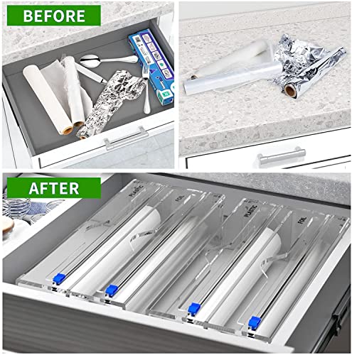 2 in 1 Plastic Wrap Dispenser with Cutter, Acrylic Aluminum Foil and Wax Paper Dispenser with Slide Cutter for Kitchen Drawer, Plastic Wrap Parchment Roll Organizer Holder, Fits 12" Roll, Clear