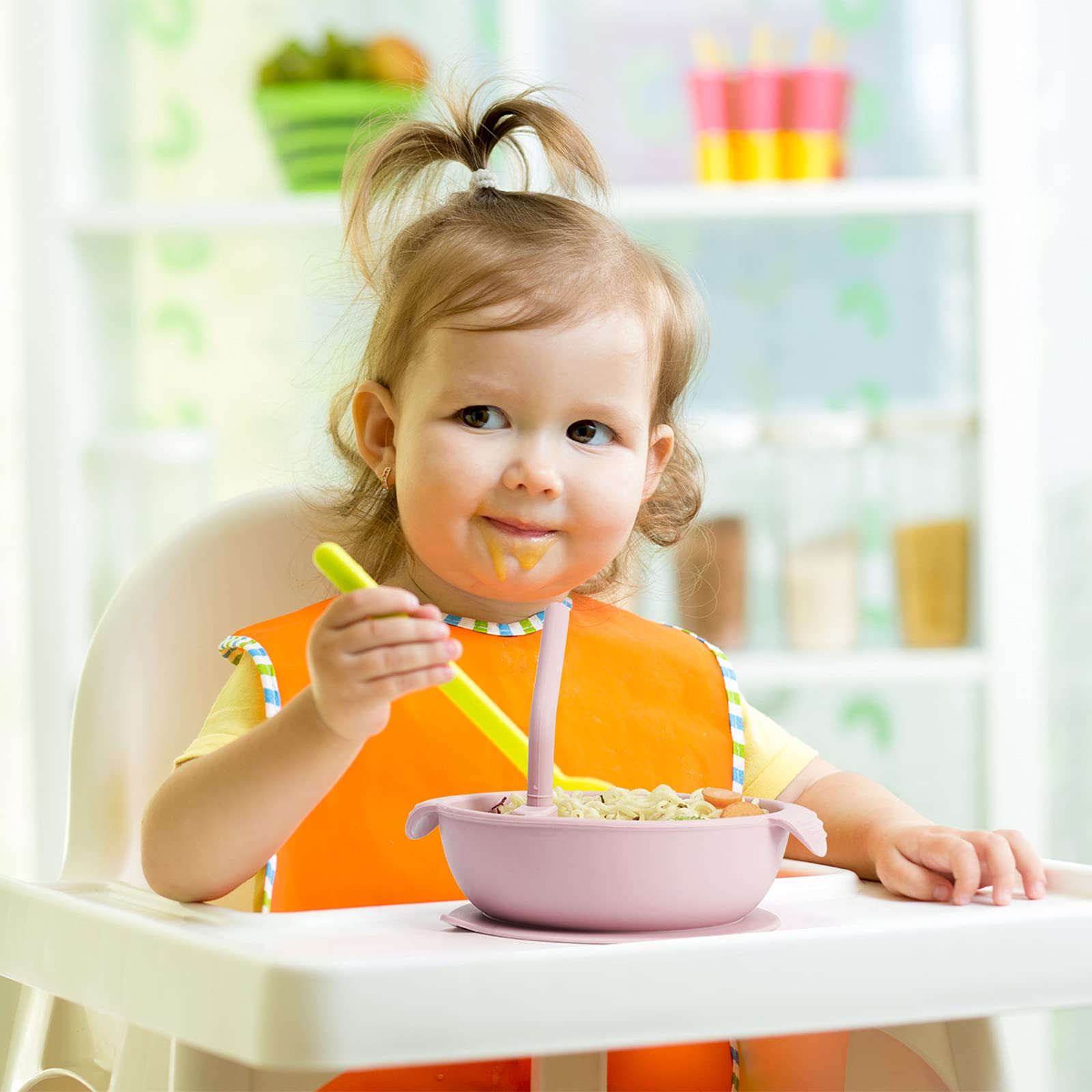 haakaa Silicone Divided Suction Bowl With Straw, Self Feeding Training Divided Bowl For Baby Toddler, Portable Non Slip Child Feeding Stay Put Bowl,Blush