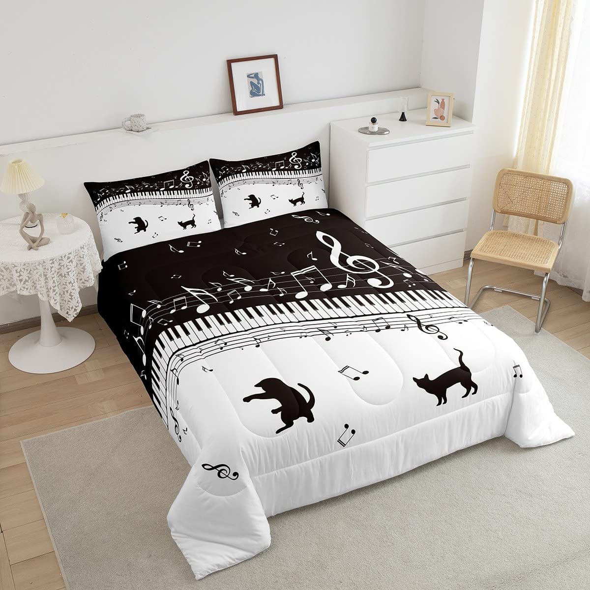 Homewish Piano Comforter Set Queen Size Black Musical Notes Bedding Set 3pcs for Kids Teens Girls Music Lover Room Decor Cat Pet Silhouette Quilt Set White Microfiber Duvet Insert,2 Pillowcases