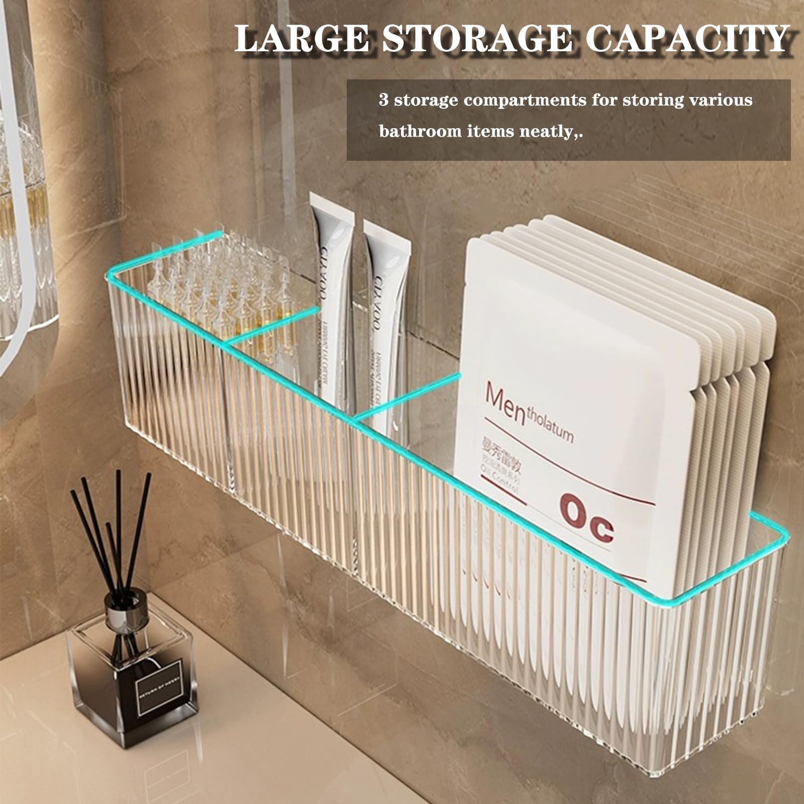 2 Pack Bathroom Makeup Organizer Wall Mount Clear Bathroom Organizers and Storage with 3 Compartments Plastic Storage Organizer Bins Floating Shelves for Wall, Narrow Space, Office, Bedroom 14''Length