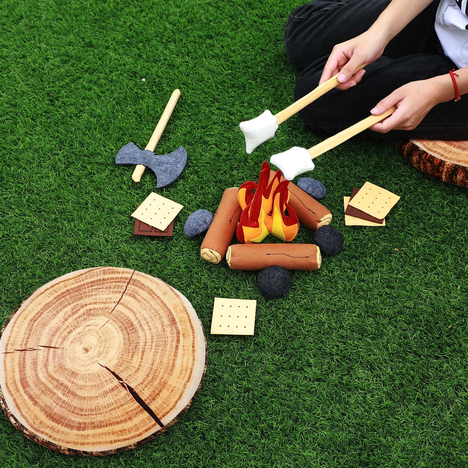 17 Pcs Pretend Camping Play Set, 2 Pcs Decorative Round Throw Pillow, Camping Safe Fake Campfire Plush Wood Shaped Floor Cushion for Adults Dramatic Play Camping Home Outdoor Decorations